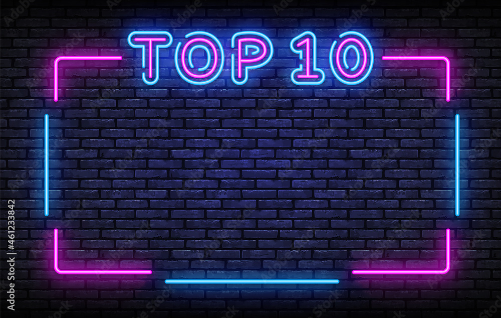 Neon Sign Top 10 for banner design. 3d poster with pink top 10 on light ...
