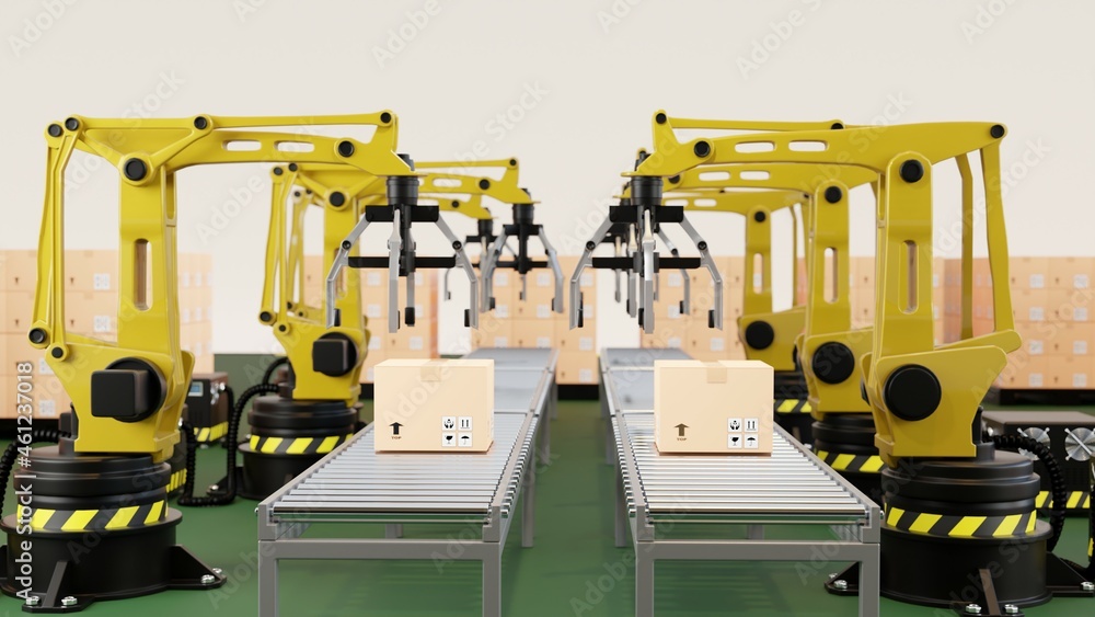 Robotic arm loading cartons on pallet. Boxes on conveyor of manufacture ...