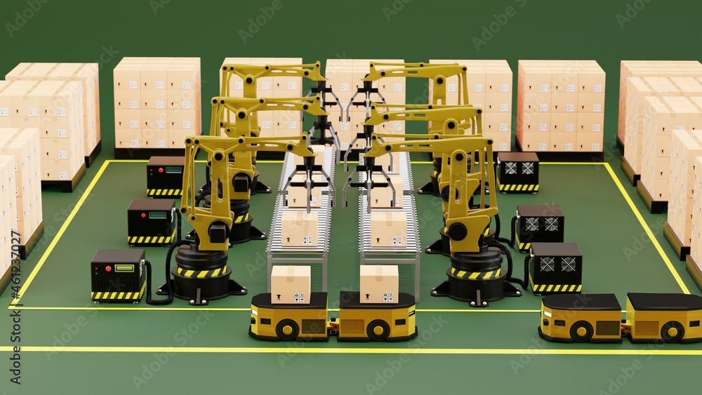 Robotic arm loading cartons on pallet. Boxes on conveyor of manufacture ...