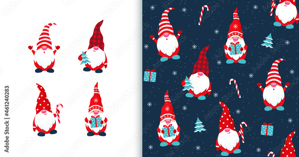 Christmas set of gnomes isolated on white background and dark blue ...