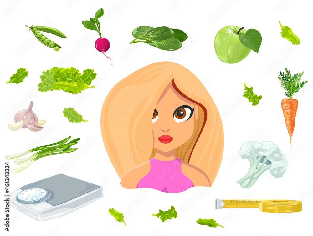 Cartoon woman surrounded with permitted products for eating. Vector ...