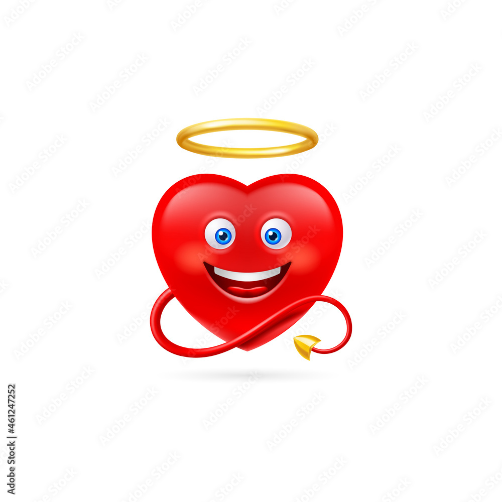 Red Heart Character with Golden Nimbus and Devil Tail. Cute Cartoon ...