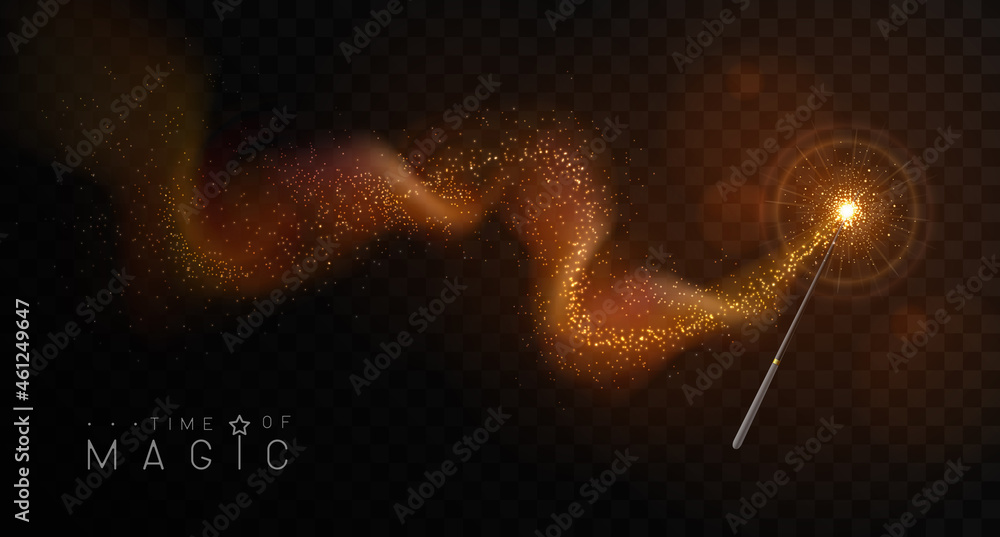 Magic wand with golden glowing shiny trail. Isolated on black ...