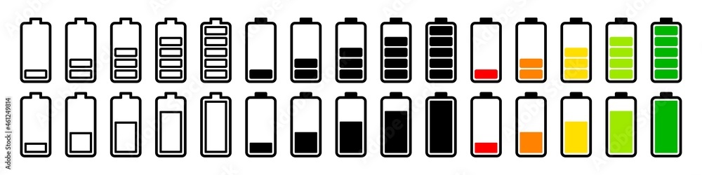 Battery charge indicator icon collection. Level battery energy. Battery ...