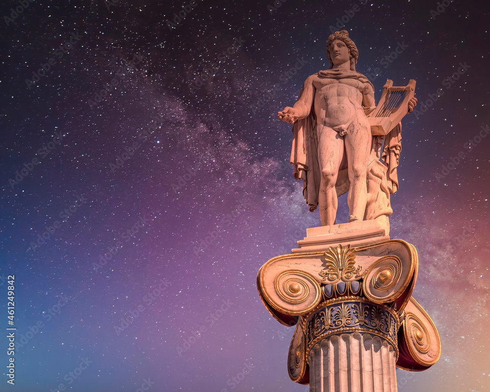 Apollo the ancient Greek god of poetry and music under starry night sky ...