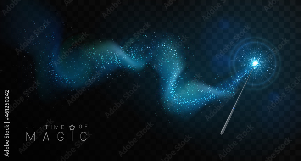 Magic wand with blue glowing shiny trail. Isolated on black transparent ...