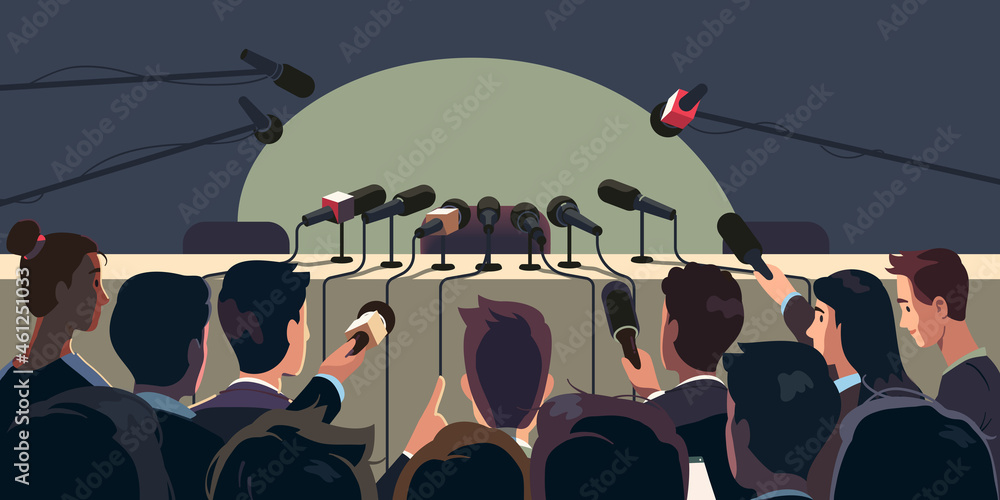 Press conference table, microphone, reporter crowd Stock Vector | Adobe ...