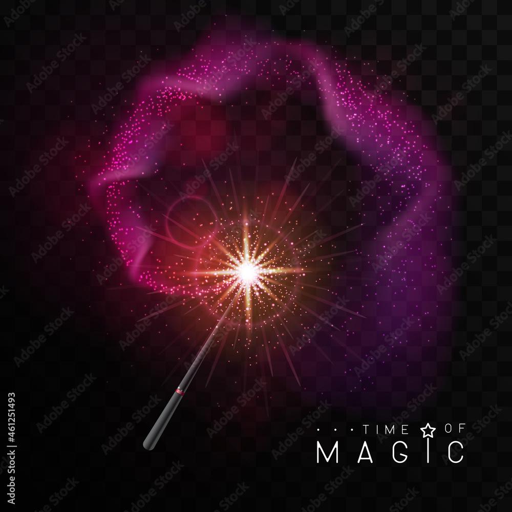 Magic wand with pink glowing shiny trail. Isolated on black transparent ...