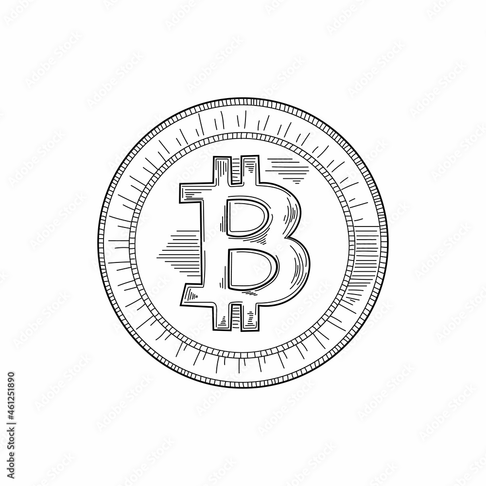 Drawing, engraving, ink, line art, vector illustration bitcoin sketch ...