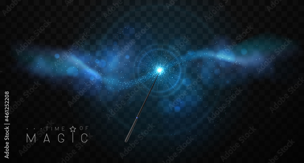 Magic wand with blue glowing shiny trail. Isolated on black transparent ...