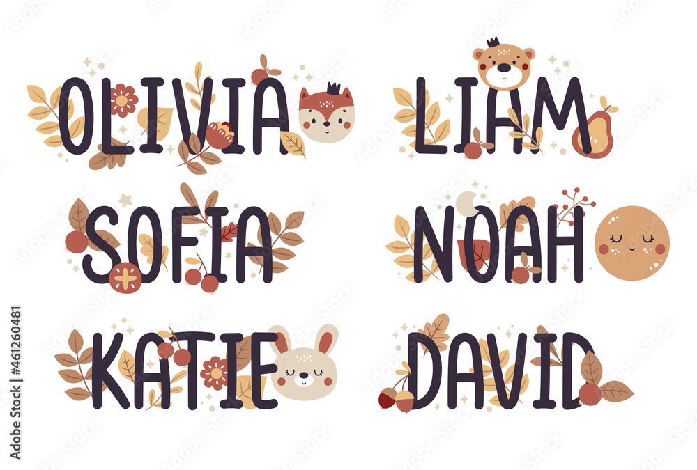 Kids name vector set in flat boho style with leaves, plants, berries ...
