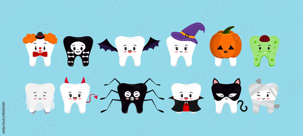 Vetor de Halloween teeth in carnival costume vector icon set. Cute ...