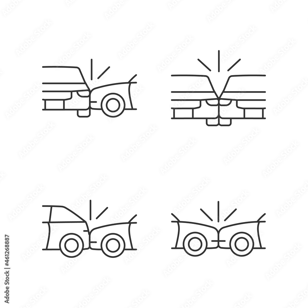 Vehicle crashes linear icons set. T-bone collision. Sideswipe car ...
