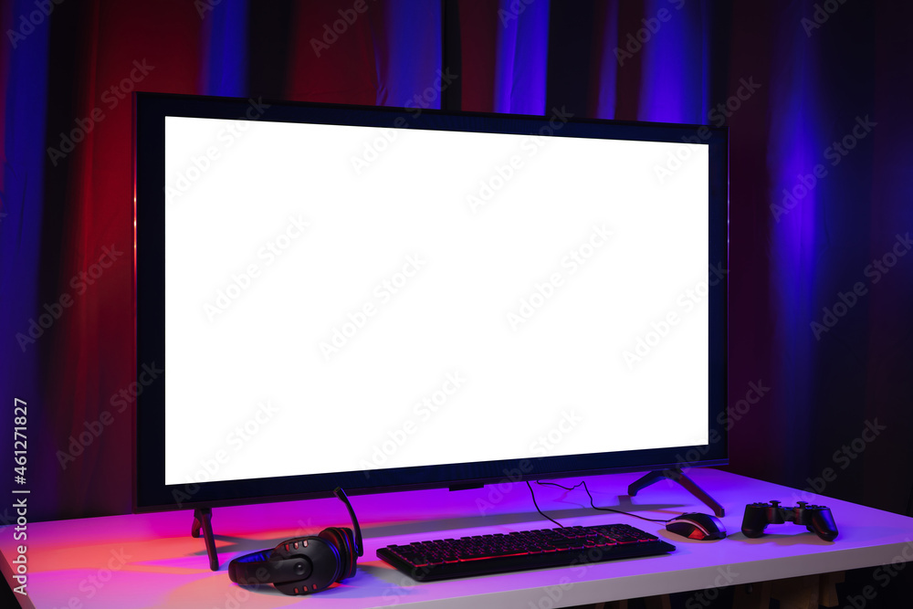 Blank screen display computer pc with gaming gear joystick mouse keyboard mouse. Gamer gadget ...