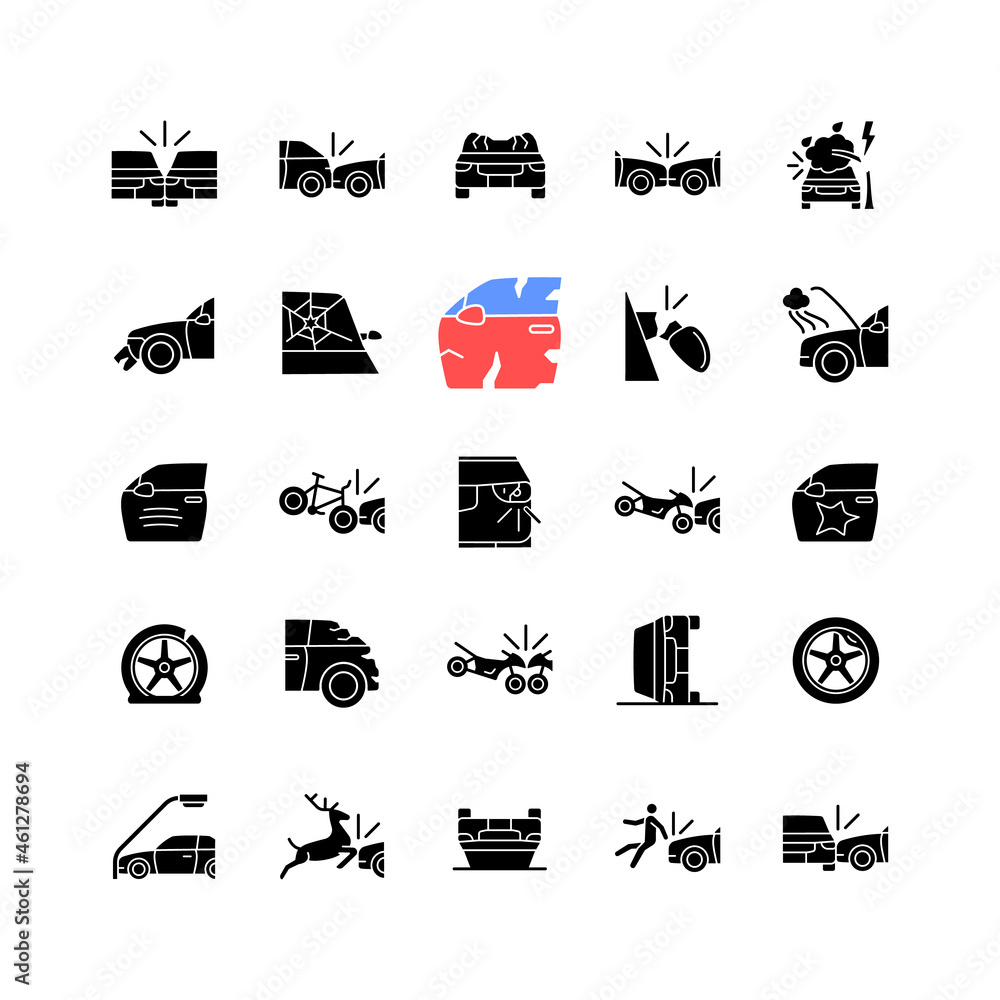 Car accident types black glyph icons set on white space. Road traffic ...
