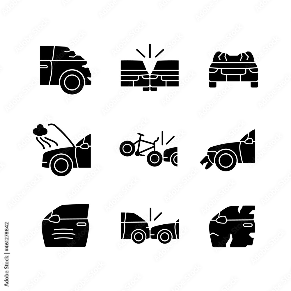 Road traffic accidents black glyph icons set on white space. Car ...