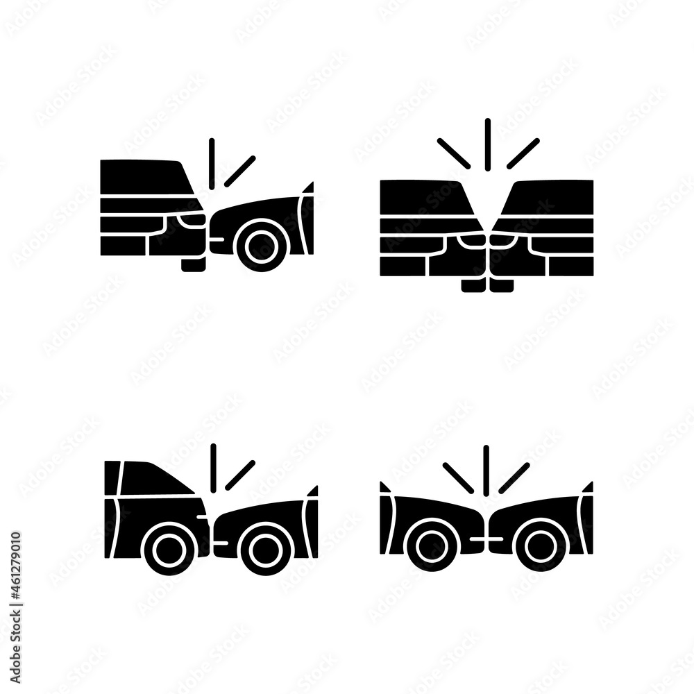 Vehicle crashes black glyph icons set on white space. T-bone collision ...
