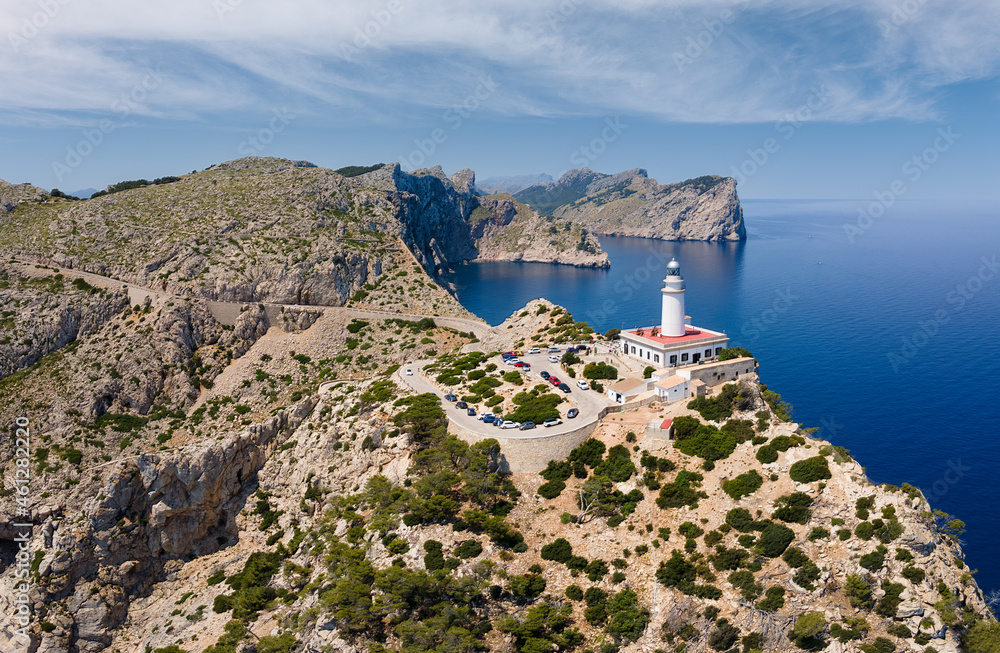 Aerial view of Formentor lighthouse on the Spanish Mediterranean island ...