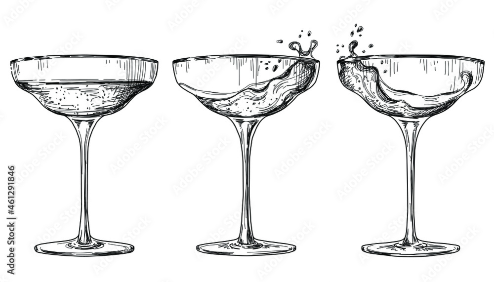 Sketch glass of champagne set on white background. Vintage drink ...