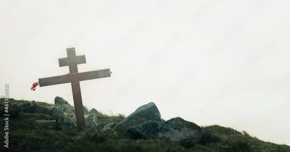 Scary cross in foggy cemetery. Gloomy blue Halloween background ...