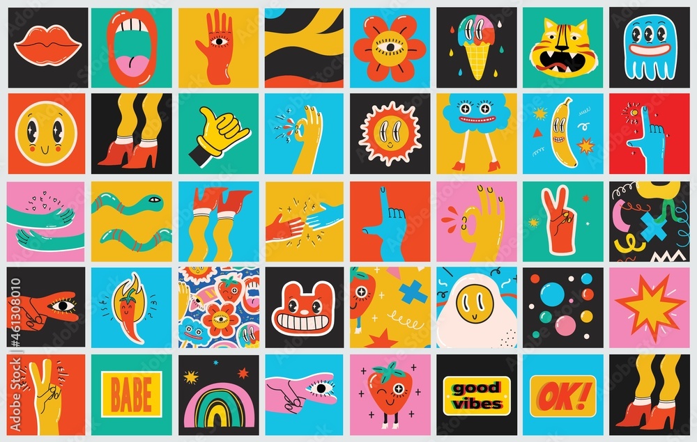 Big Set of Different colored Vector illustartion posters in Cartoon ...