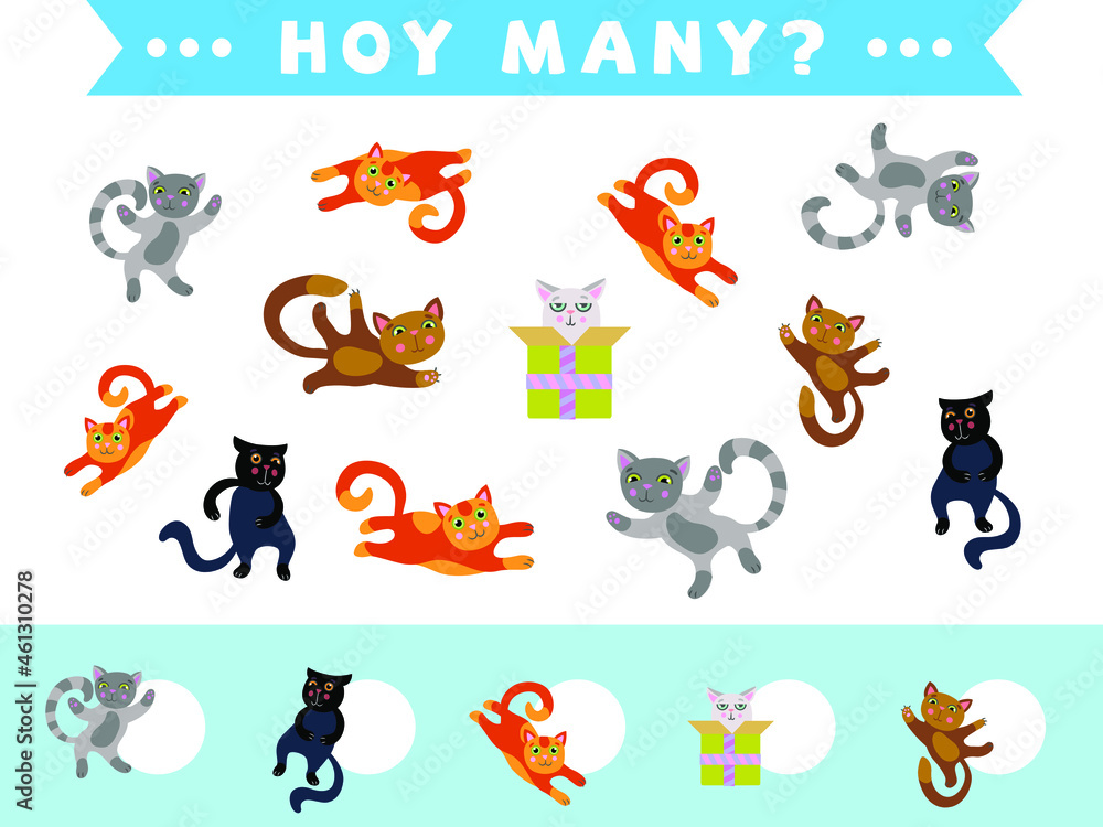 Counting childrens game of cartoon cats of different colors. Collection ...