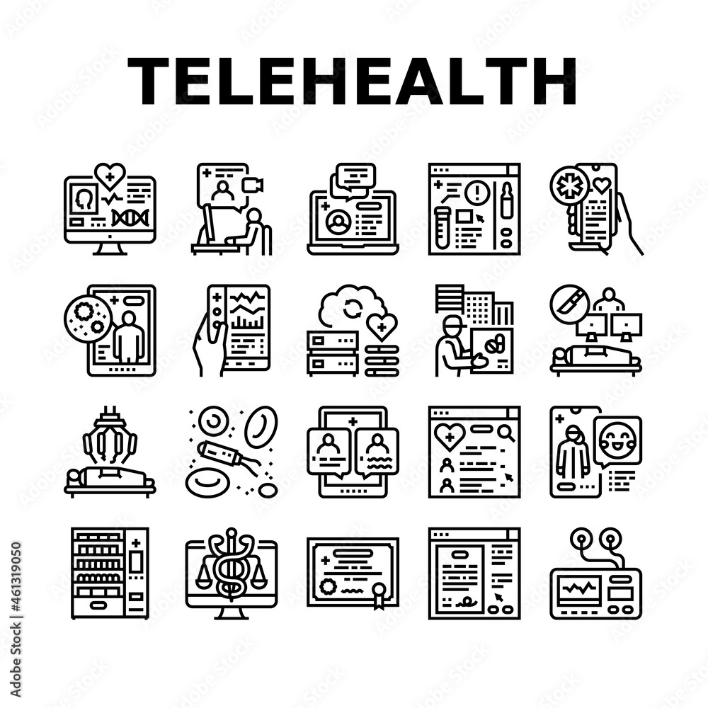 Telehealth Medicine Treatment Icons Set Vector. Telehealth Remote Video ...