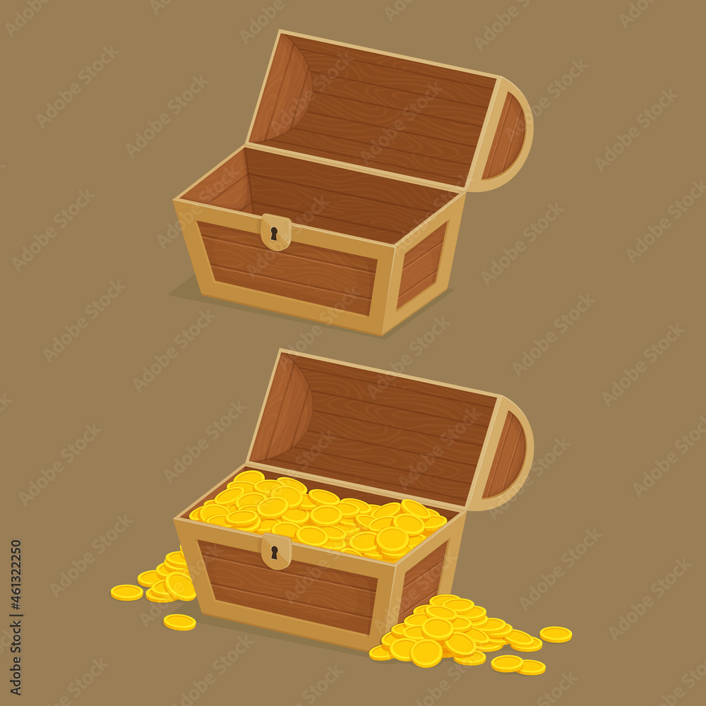 Collection of money icons. Empty wooden chest with open lid and chest ...