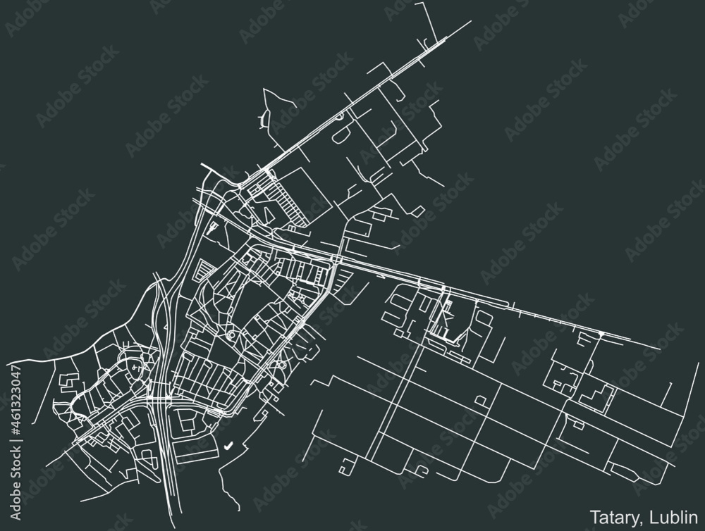Detailed negative navigation urban street roads map on dark gray ...
