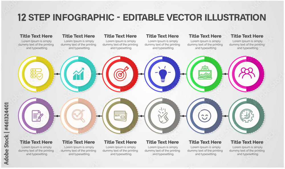 12 Steps Infographics Design Template - Graph, Pie chart, workflow ...