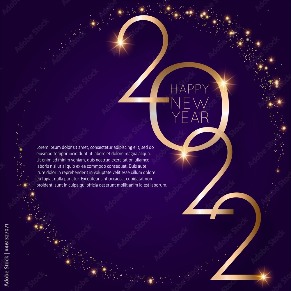 Happy new 2022 year. Elegant gold text with light. Minimalistic text ...