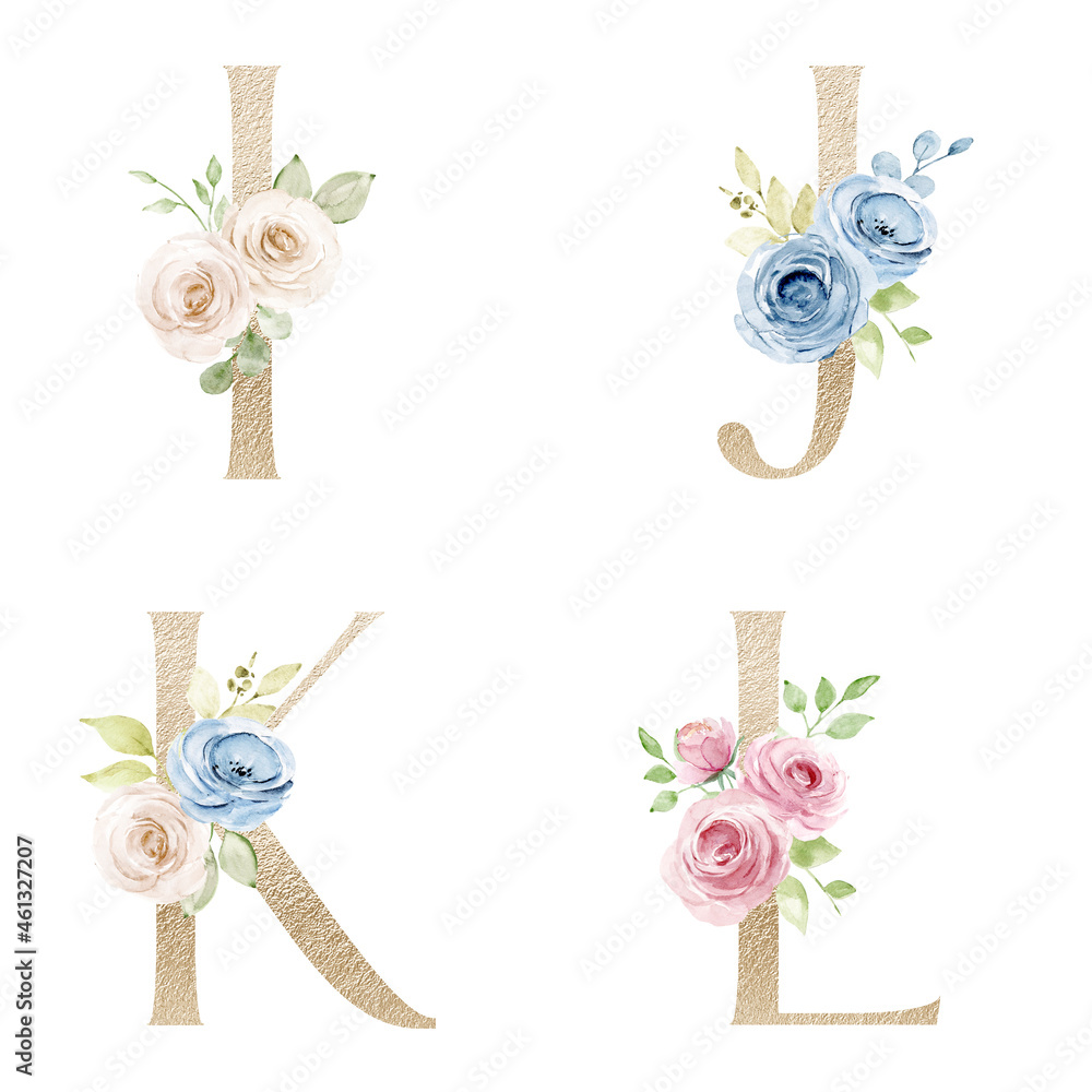 Floral alphabet, gold letters set with watercolor flowers and leaf ...