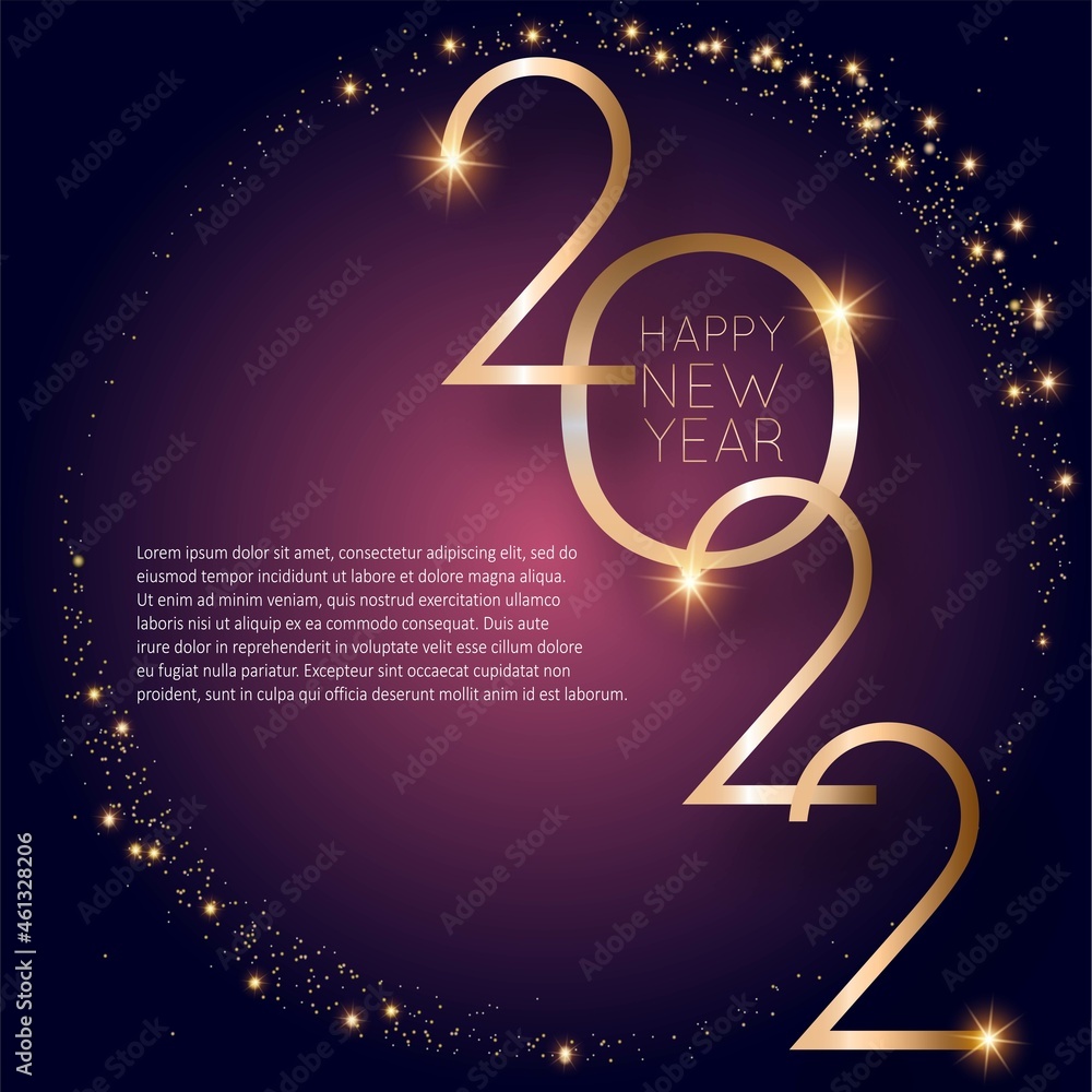 Happy new 2022 year. Elegant gold text with light. Minimalistic text ...