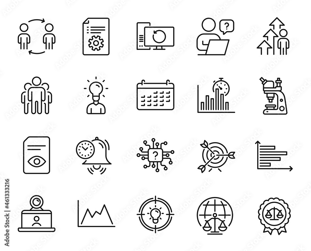 Vector set of Diagram, Horizontal chart and Group line icons set. Target, Artificial ...