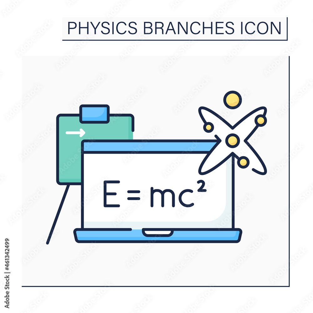 Modern physics color icon.Mass and energy equivalence formula on ...