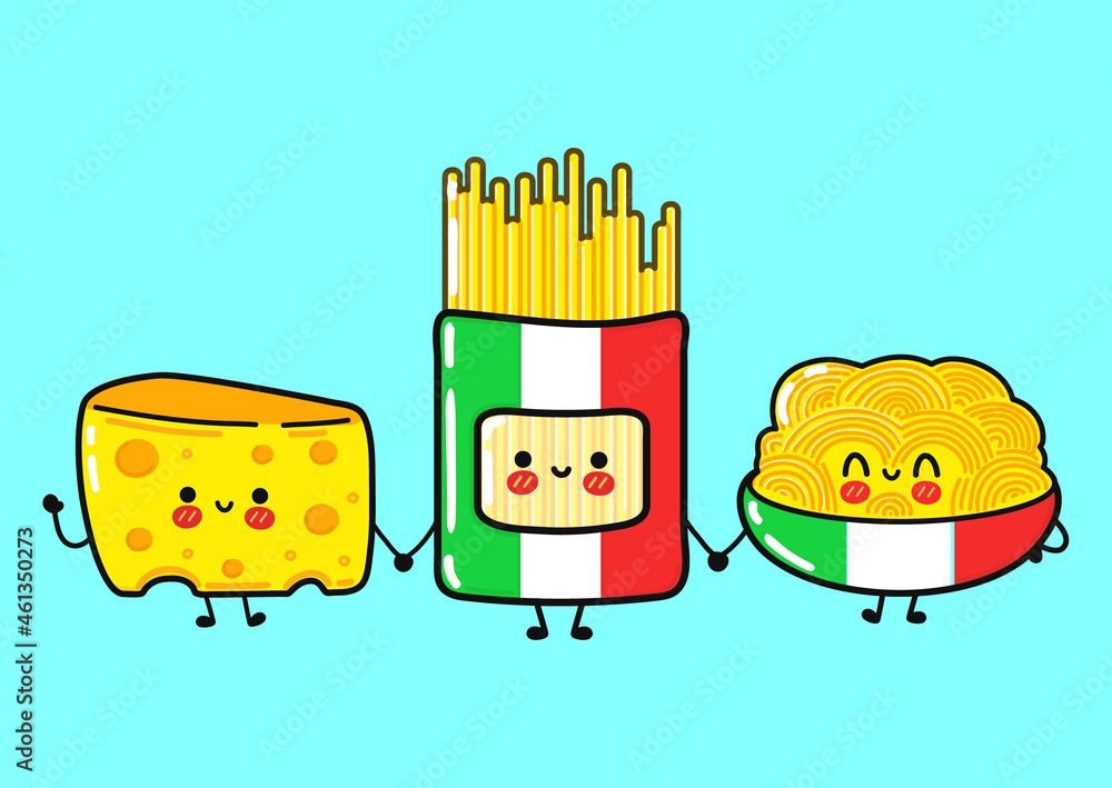 Funny cute happy spaghetti whith cheese characters bundle set. Vector ...