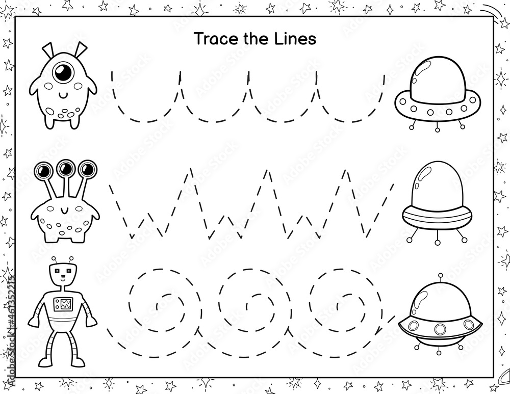 Trace lines from cute aliens to the flying saucers. Activity page for ...