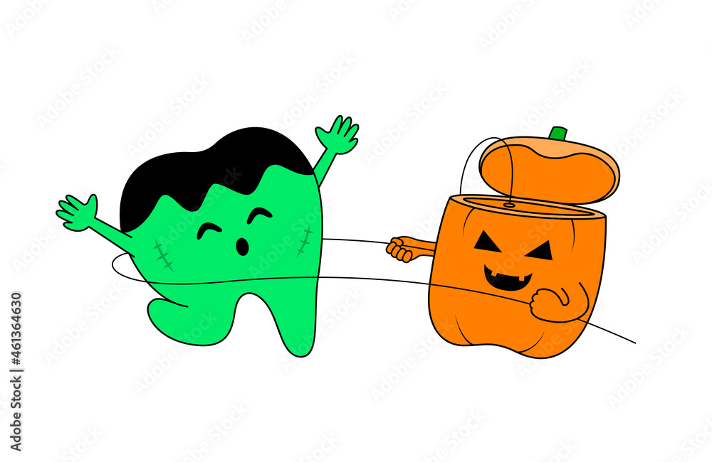 Cute cartoon tooth character using dental floss. Happy halloween day. I ...