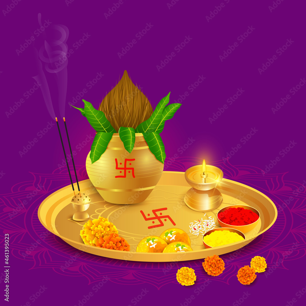 Elegant Golden Brass Aarti thali with kalash for Indian Festivals Stock ...
