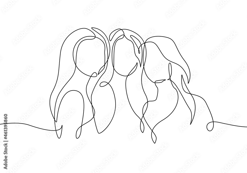 Women Group Line Art Drawing. Abstract Female Heads One Line Drawing ...