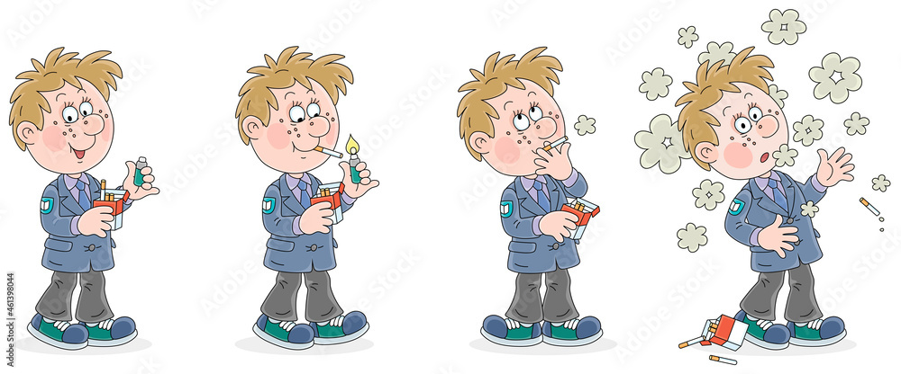 Comic strip of a funny schoolboy unsuccessfully trying to smoke his ...