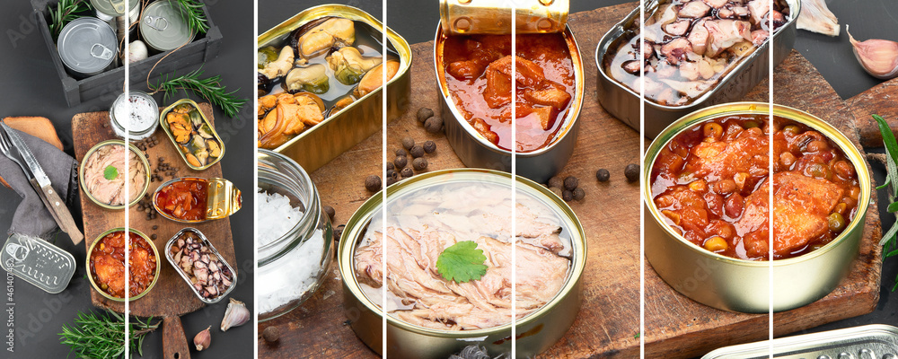 Collage of Various canned fish and seafood in aluminum cans. Stock ...