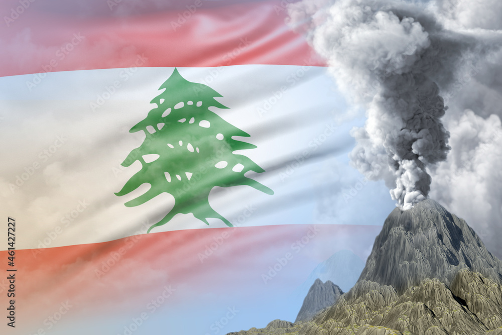 high volcano eruption at day time with white smoke on Lebanon flag ...