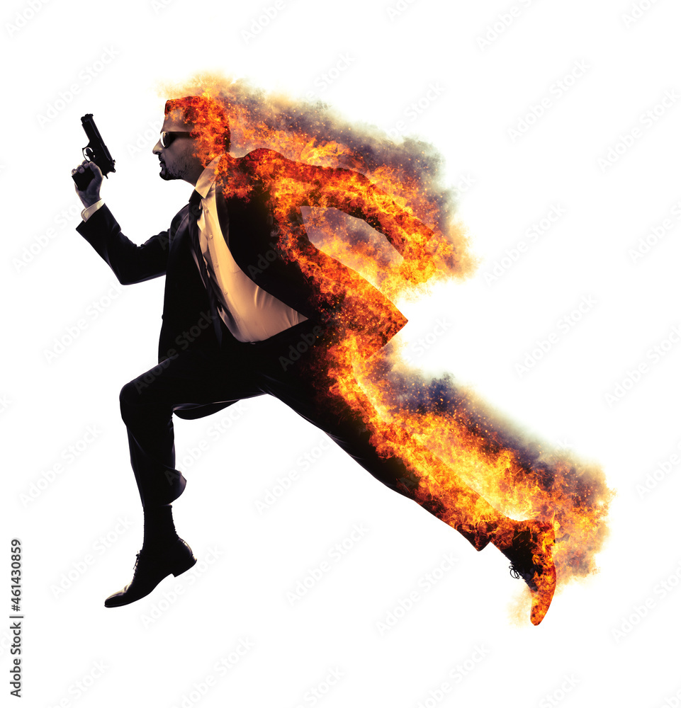 The man out of the flames. The man with the gun. Dangerous man in black ...