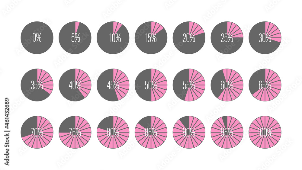 set of pie charts with a percentage sector from 0 to 100 in 5-point ...