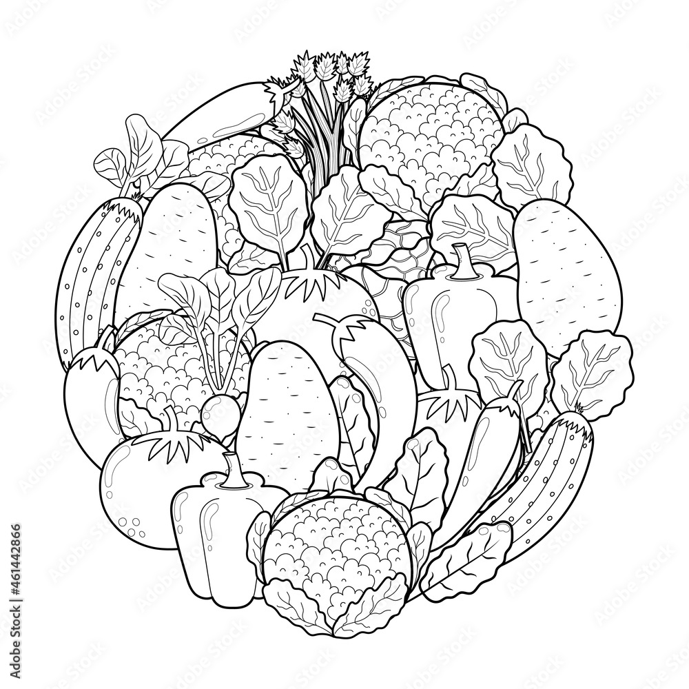 Doodle vegetables circle shape pattern for coloring book. Food mandala ...