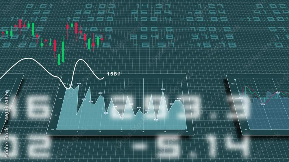 Vidéo Stock 3-D Animation of a chart screen with curves, bar charts ...