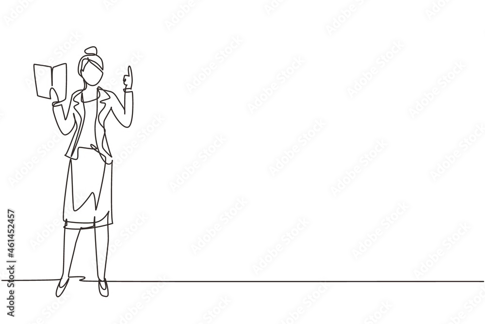 Single continuous line drawing young woman professor standing in front ...