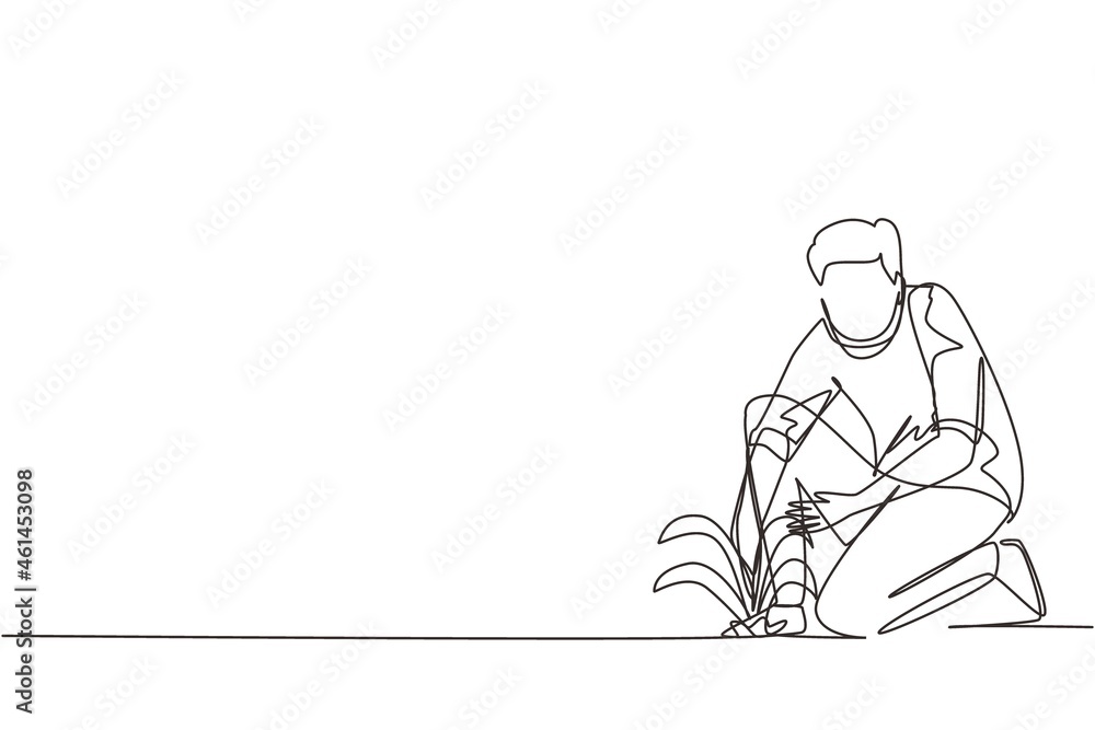 Continuous one line drawing young man plants, protects tree seedling or ...