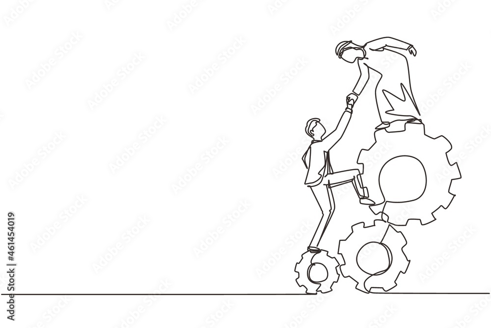 Single one line drawing two Arabic businessman helping each other to go ...